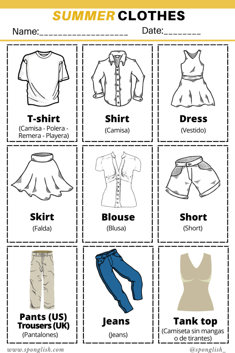 Vocabulario ropa en inglés con fichas descargables