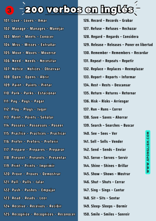 Lista 200 Verbos en inglés en presente simple